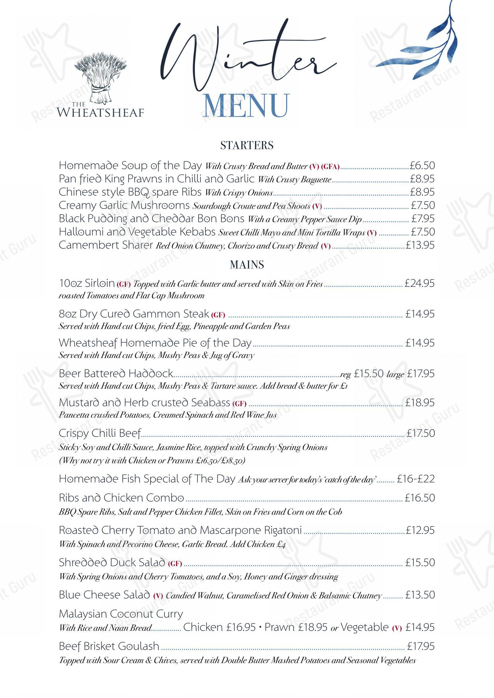 Menu at The Wheatsheaf pub & bar, Leyland