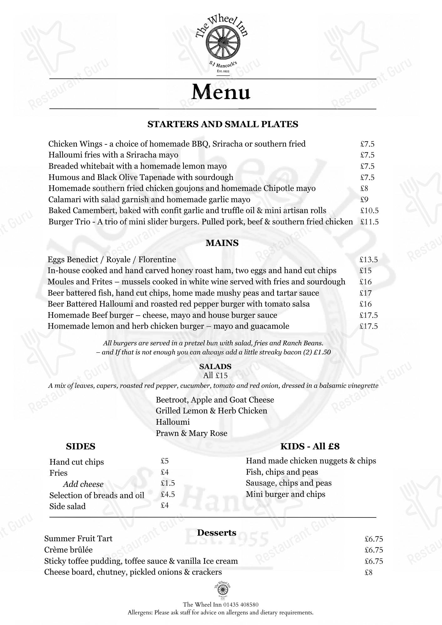 Menu at The Wheel Inn pub & bar, Burwash