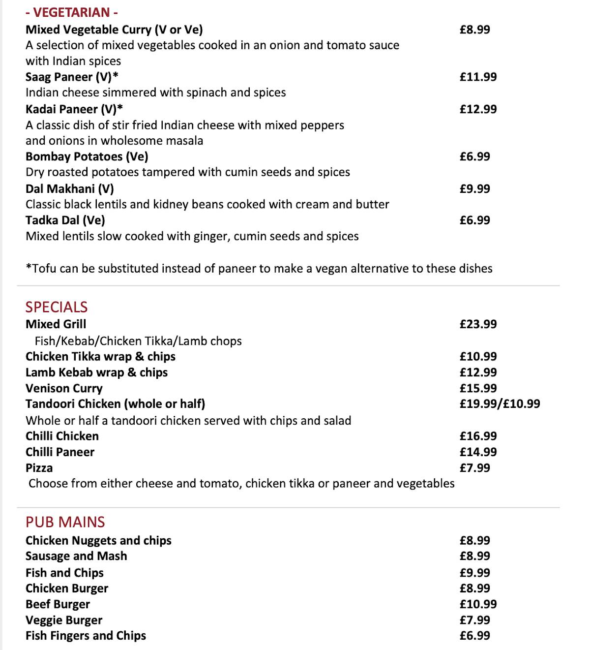 Menu at The White Hart pub & bar, Nether Heyford