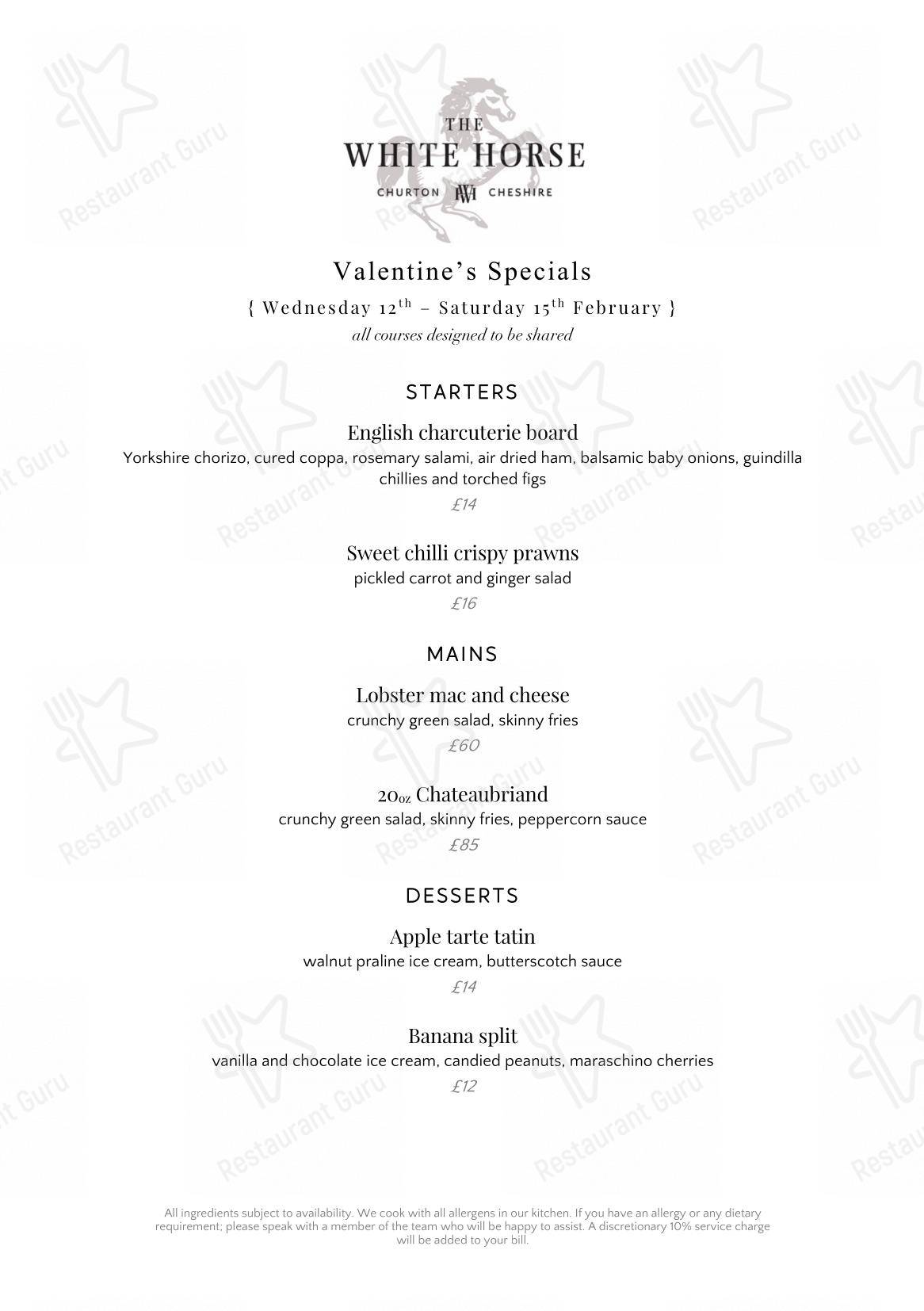 Menu at The White Horse in Churton pub & bar, Holt, Chester Rd