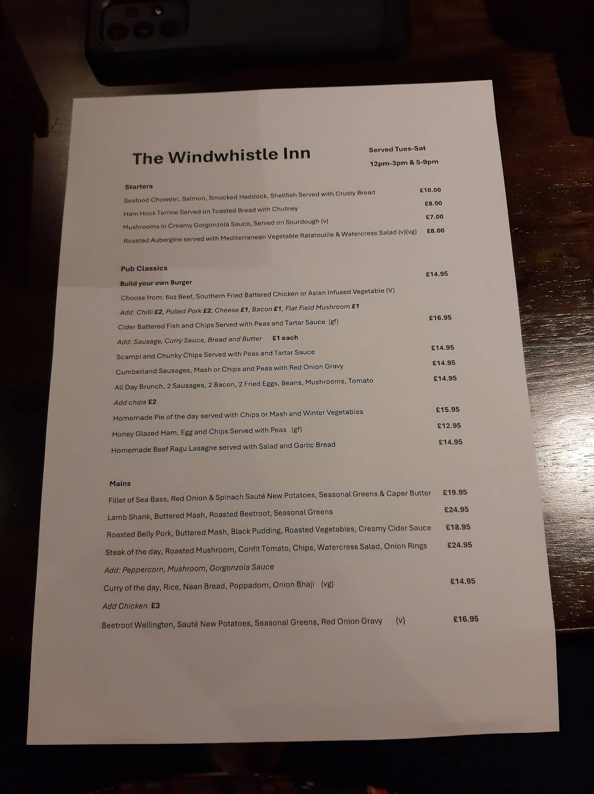 Menu at The Windwhistle Inn pub & bar, Cricket Saint Thomas