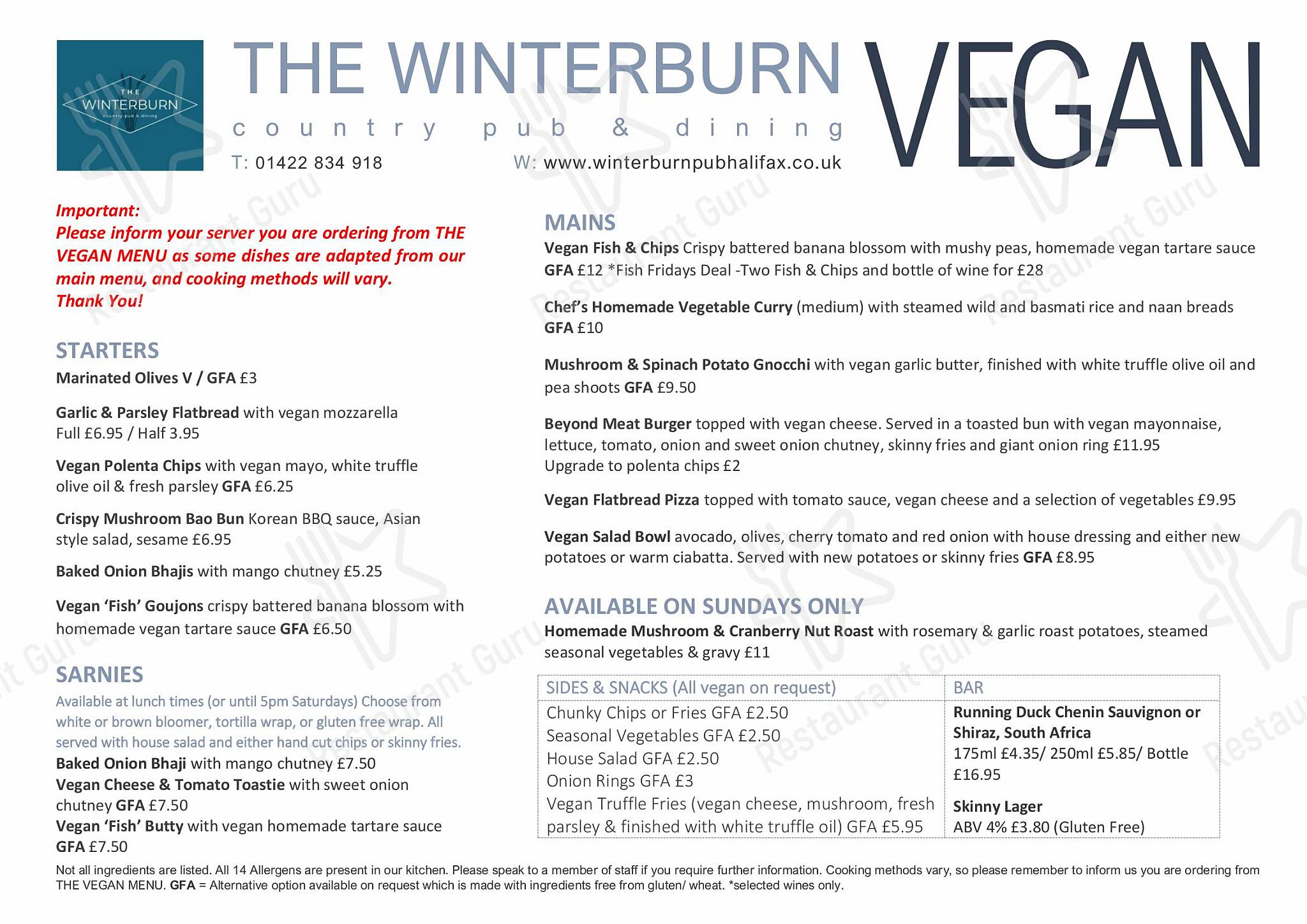 Menu at The Winterburn pub & bar, Halifax