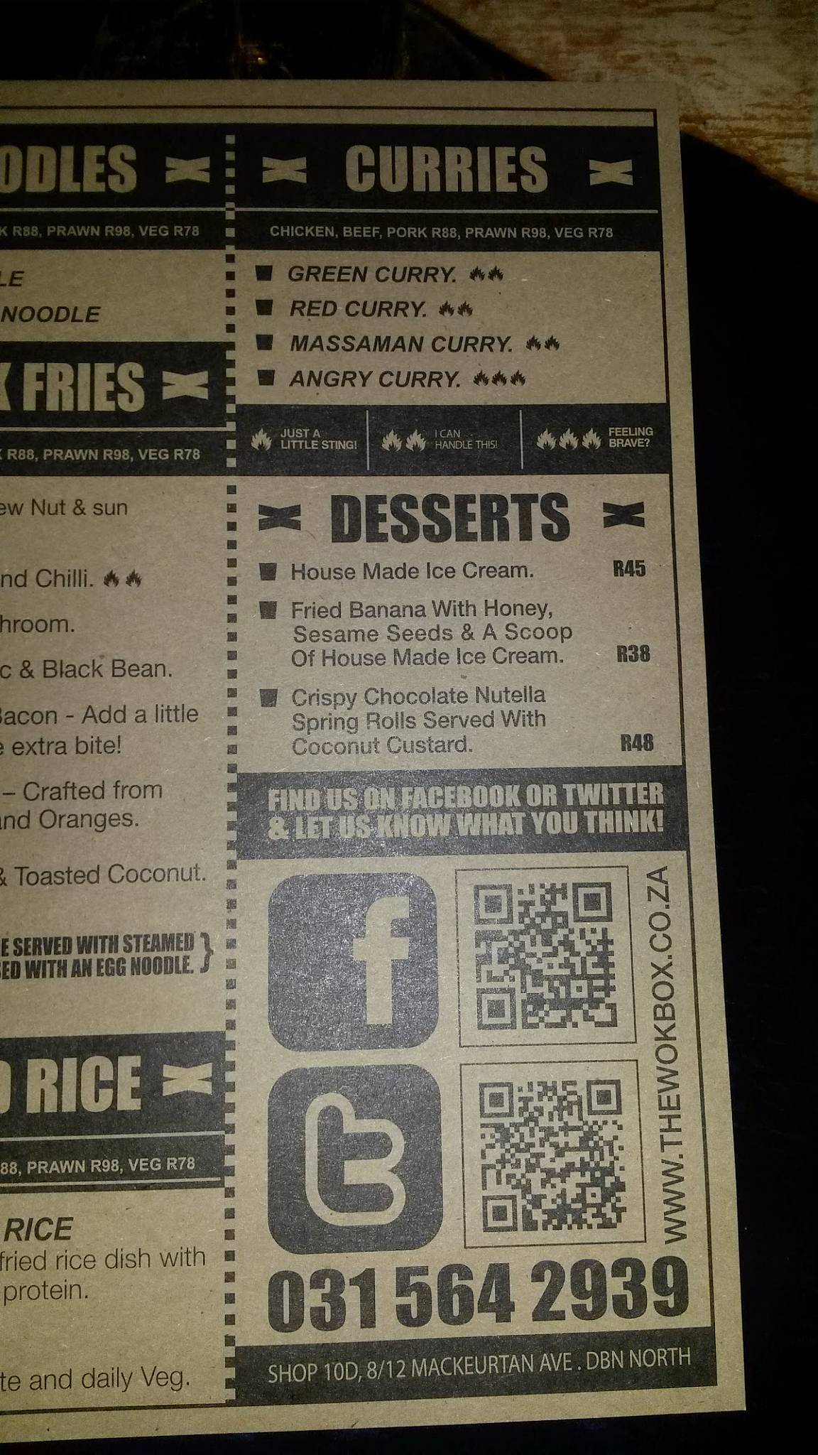 Menu at The Wok Box restaurant, Durban