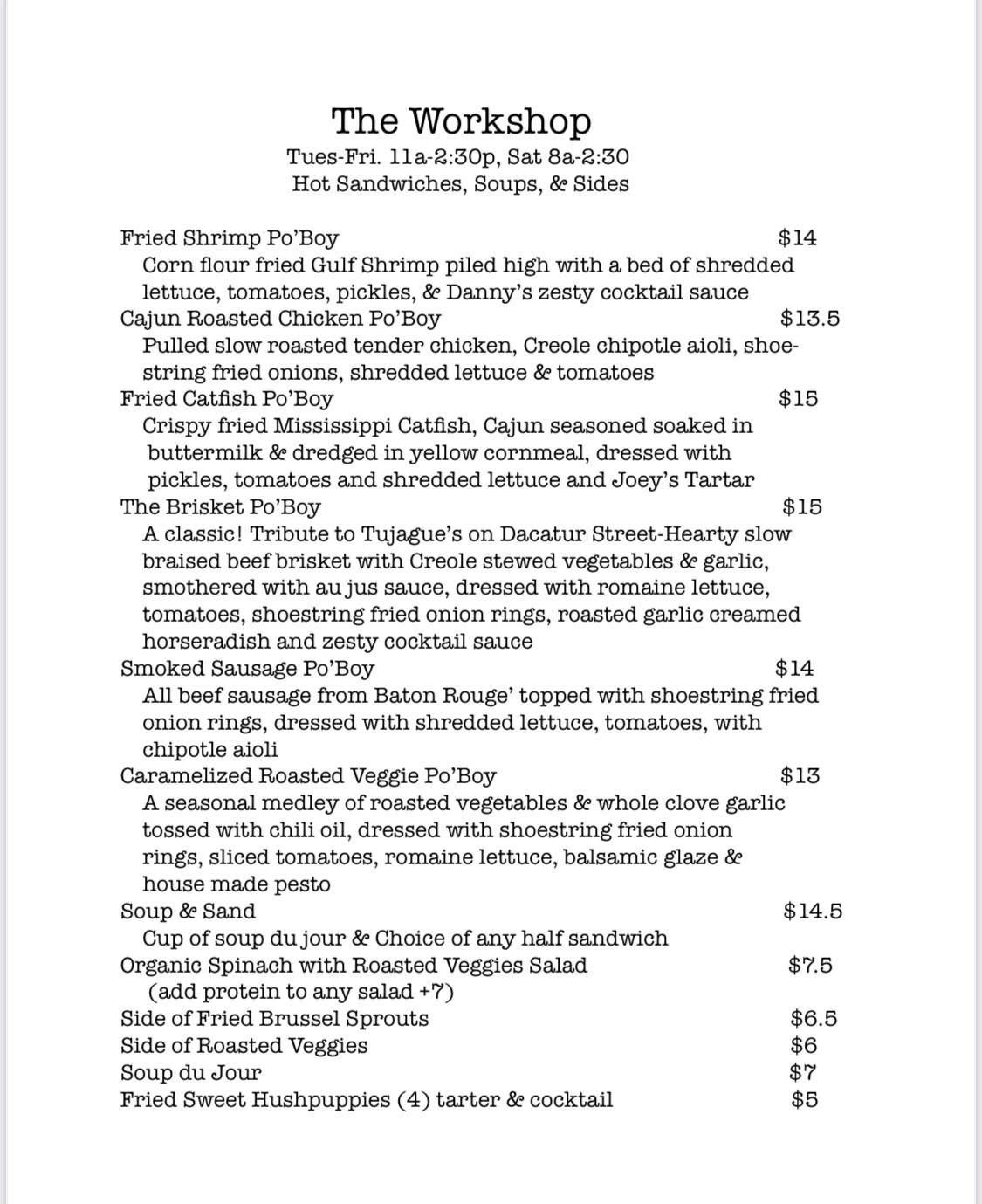 Menu at The Workshop restaurant, Benicia