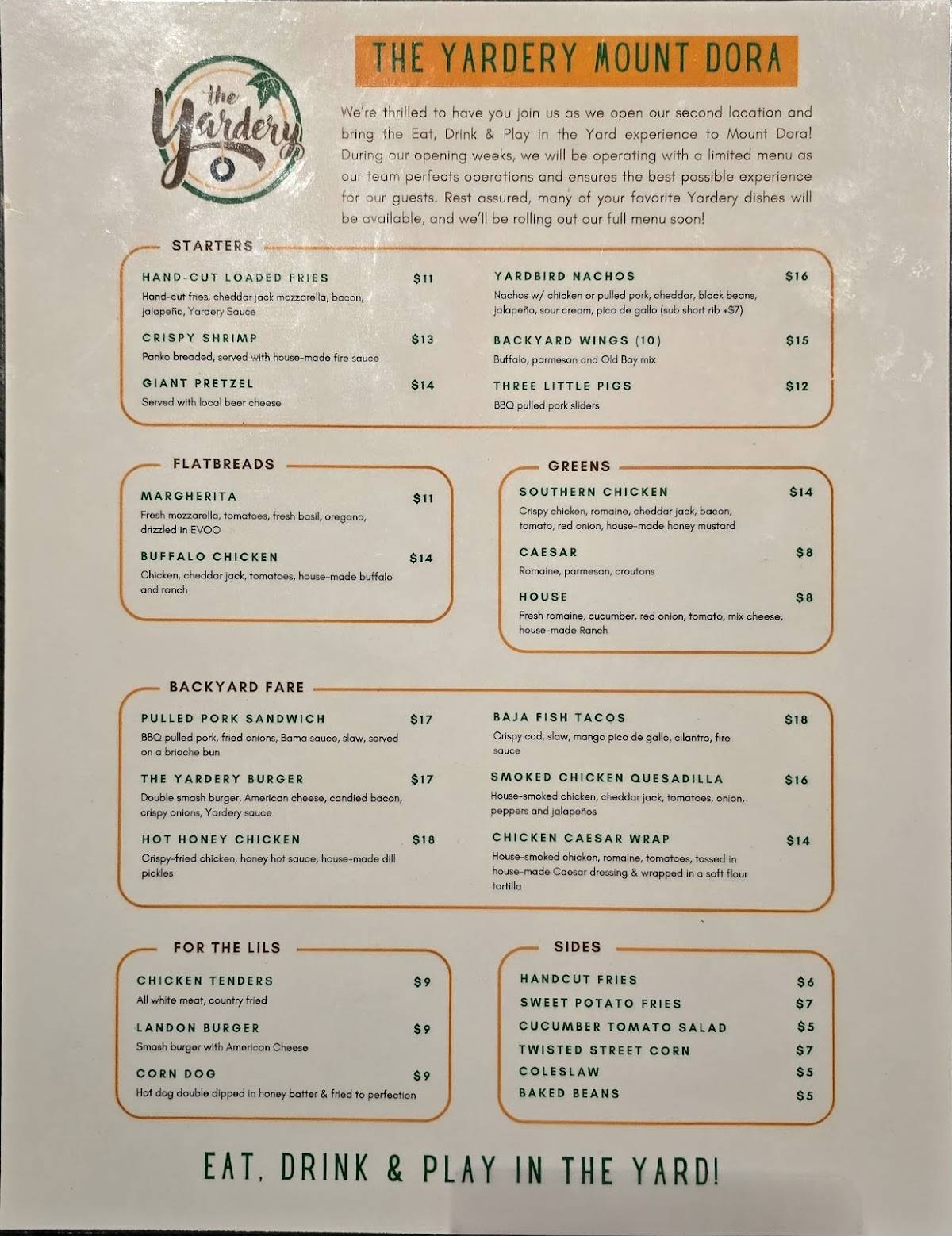 Menu at The Yardery restaurant, Mount Dora