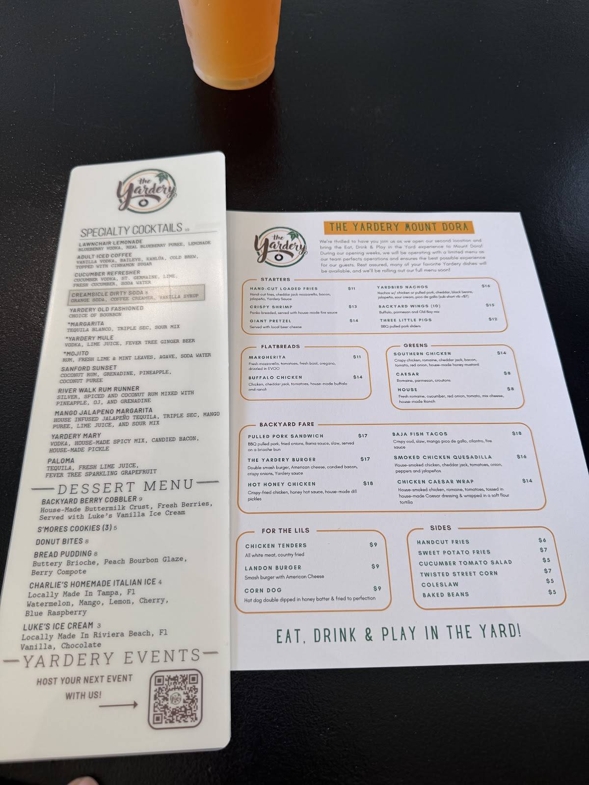 Menu at The Yardery restaurant, Mount Dora