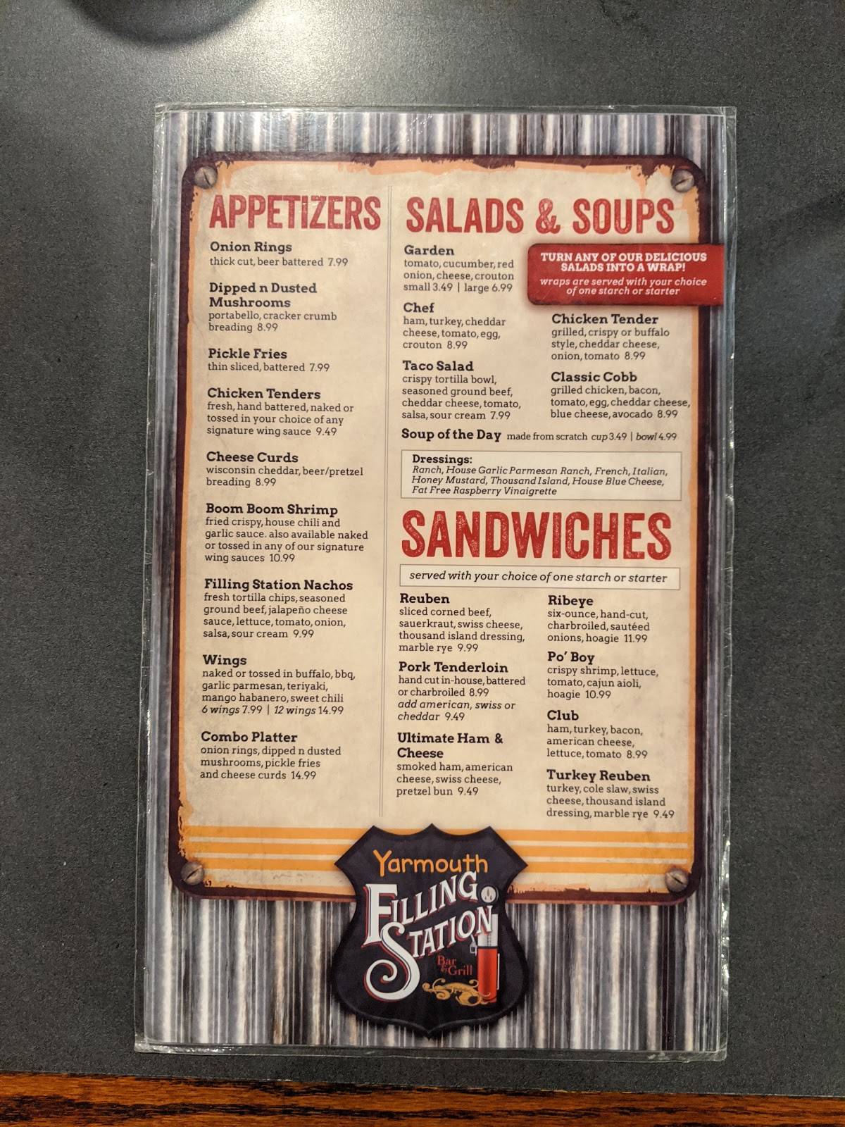 Menu at Yarmouth Filling Station restaurant, Yarmouth