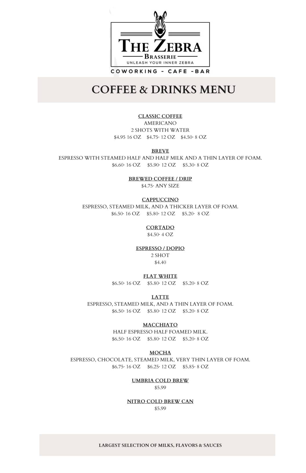 Menu at The Zebra Brasserie desserts, Wenatchee