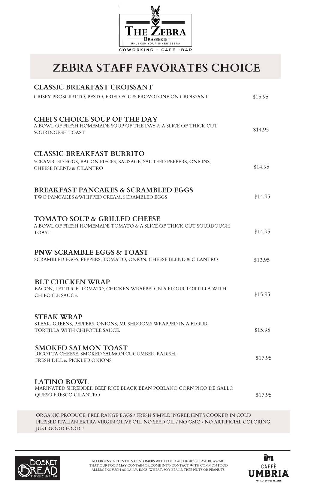 Menu at The Zebra Brasserie desserts, Wenatchee