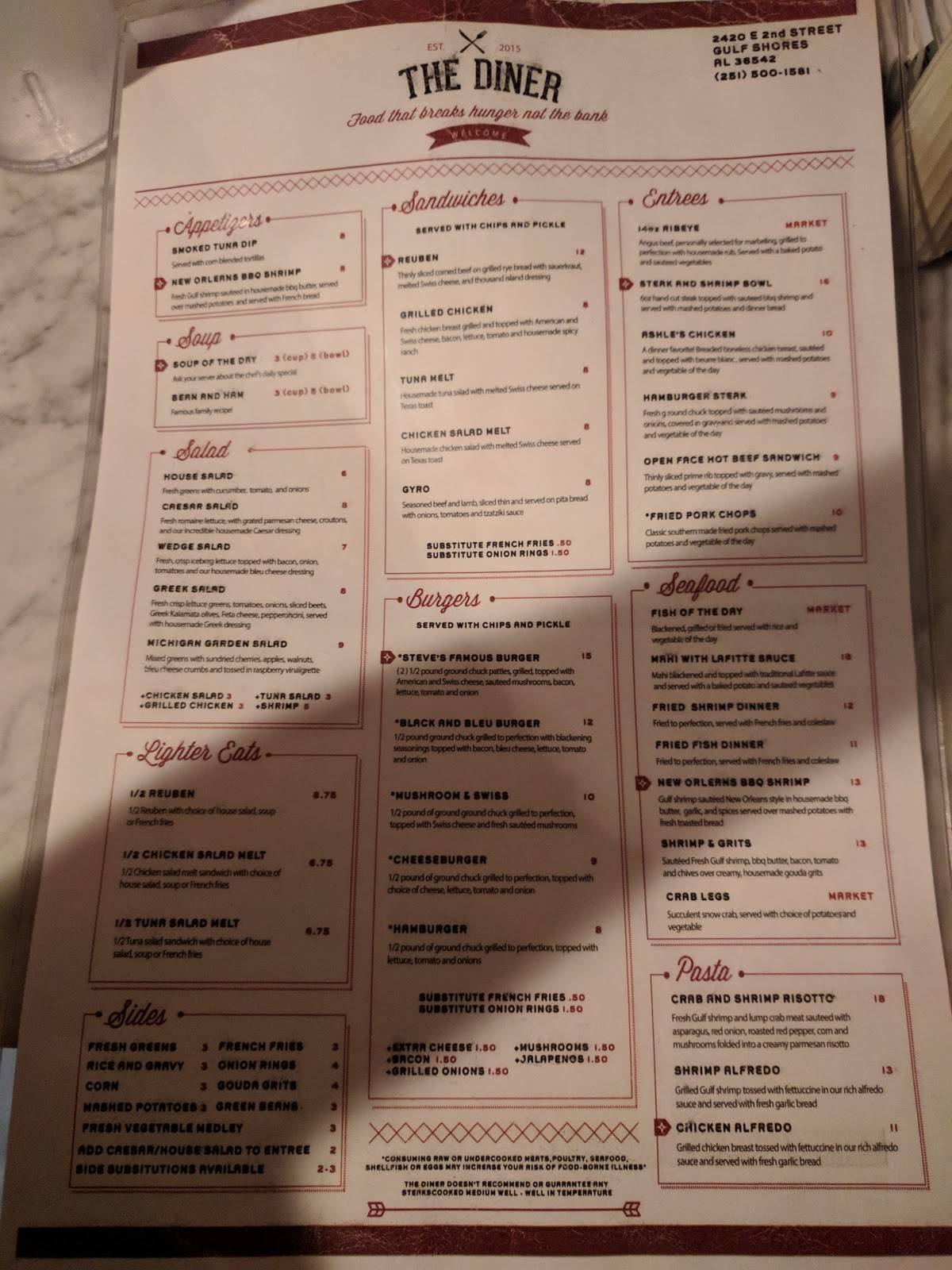 Menu at The ugly Diner restaurant, Gulf Shores