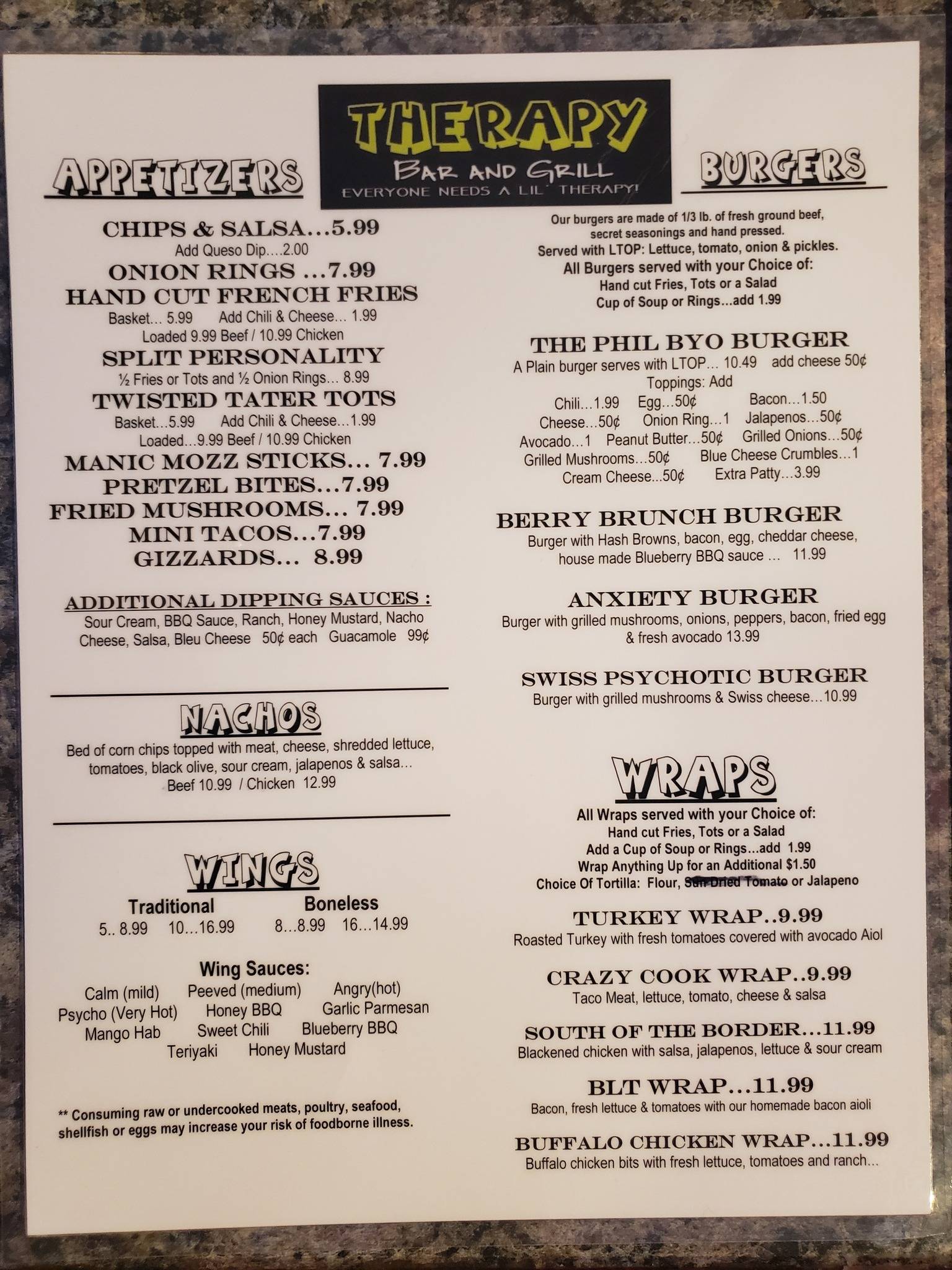 Menu at Therapy Bar & Grill, Omaha