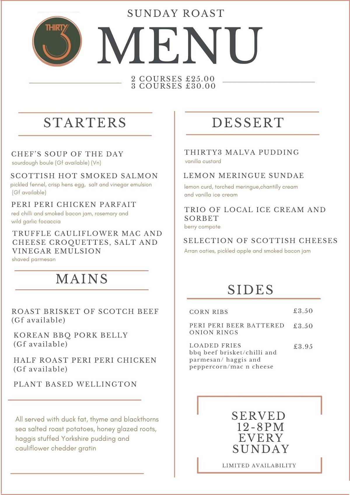 Menu at Thirty3 restaurant, Largs