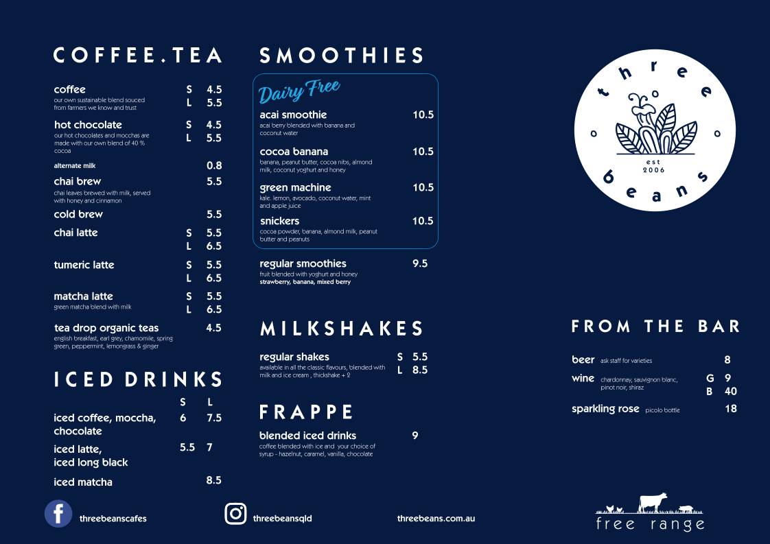 Menu at Three Beans Eagle Street cafe, Brisbane City