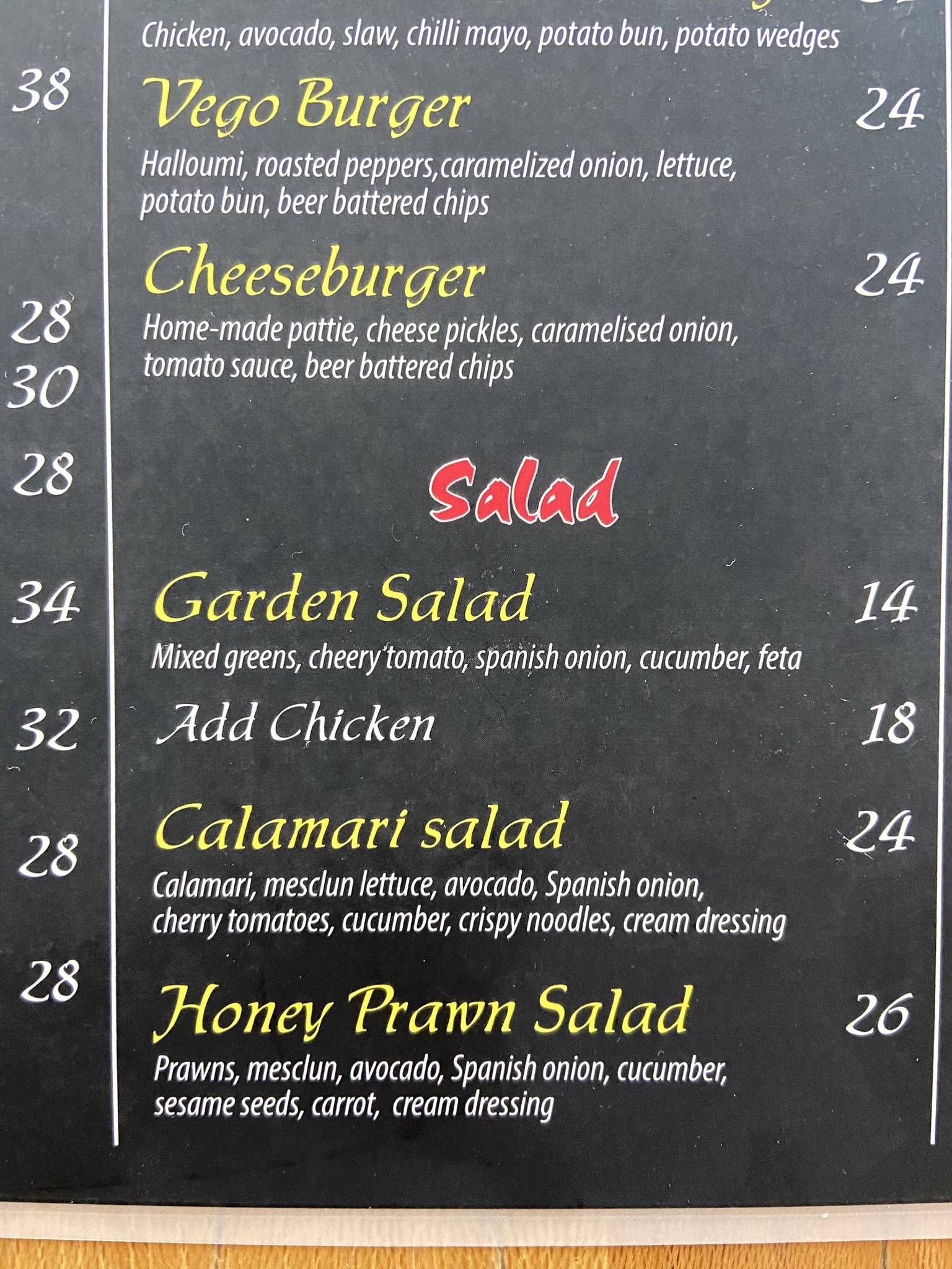 Menu at Three B's restaurant, Burswood