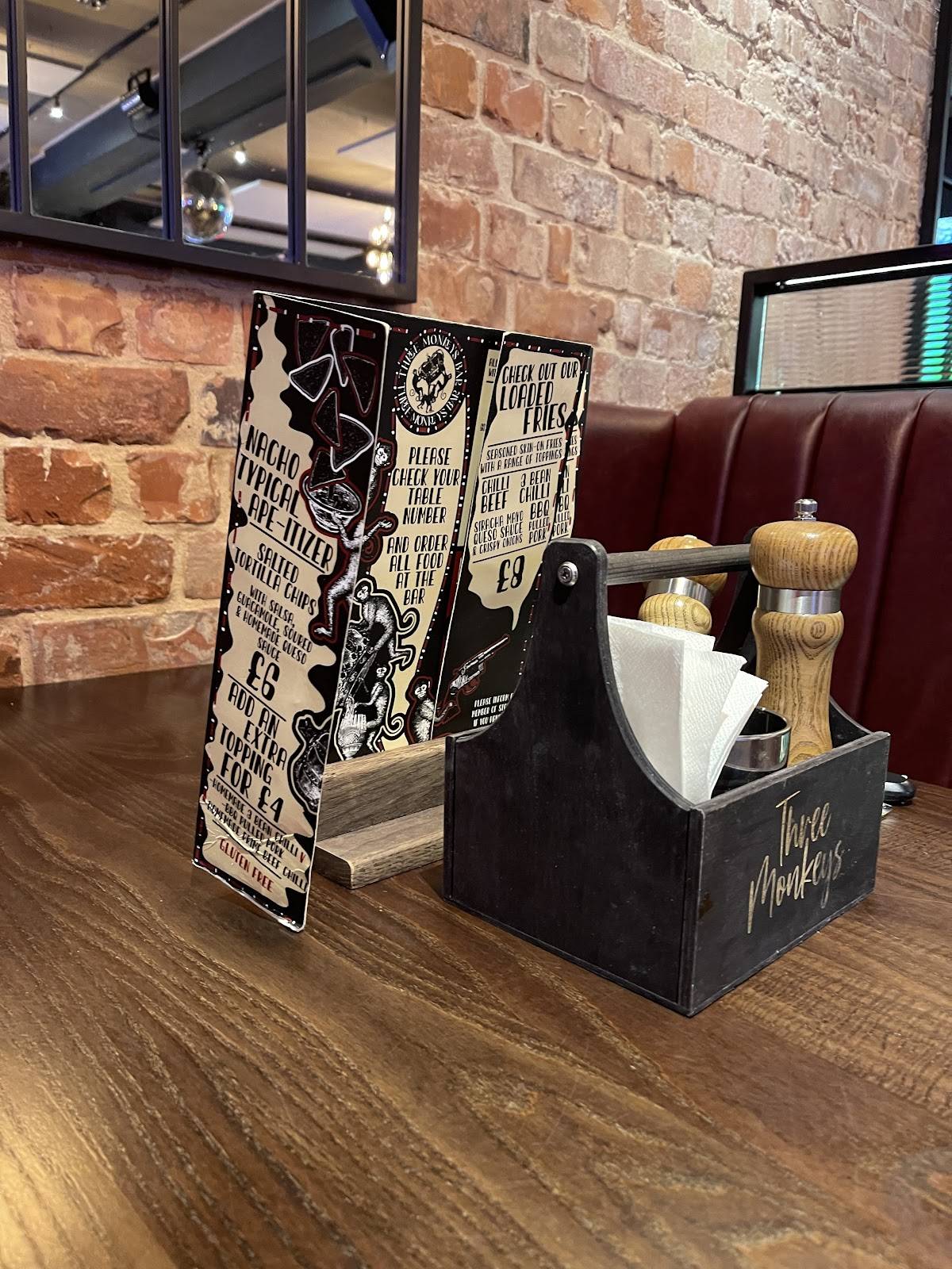 Menu at Three Monkeys Bar, Skegness