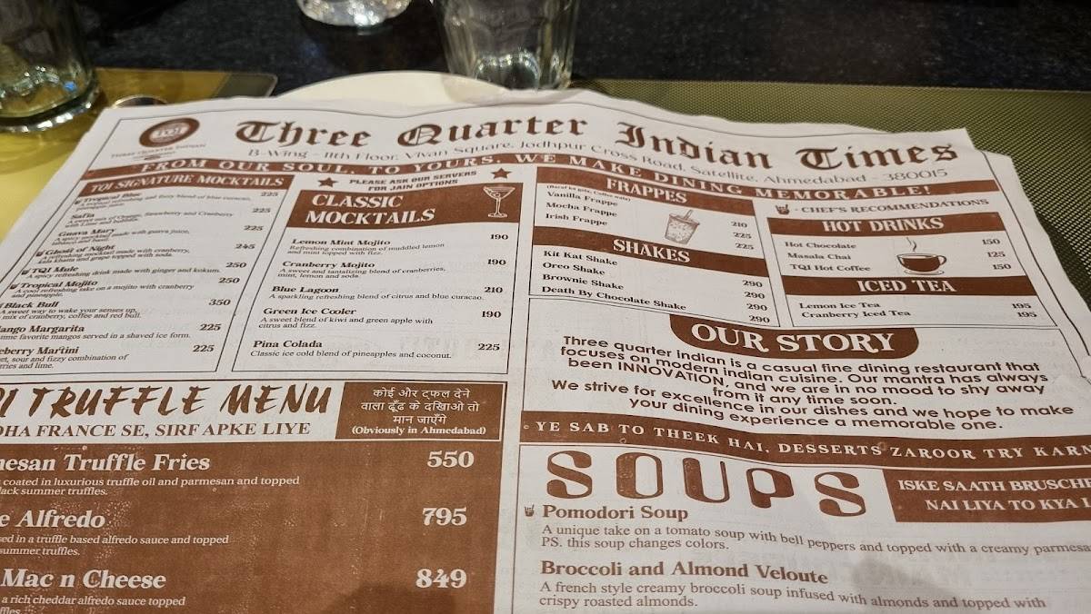 Menu at Three Quarter Indian, Ahmedabad