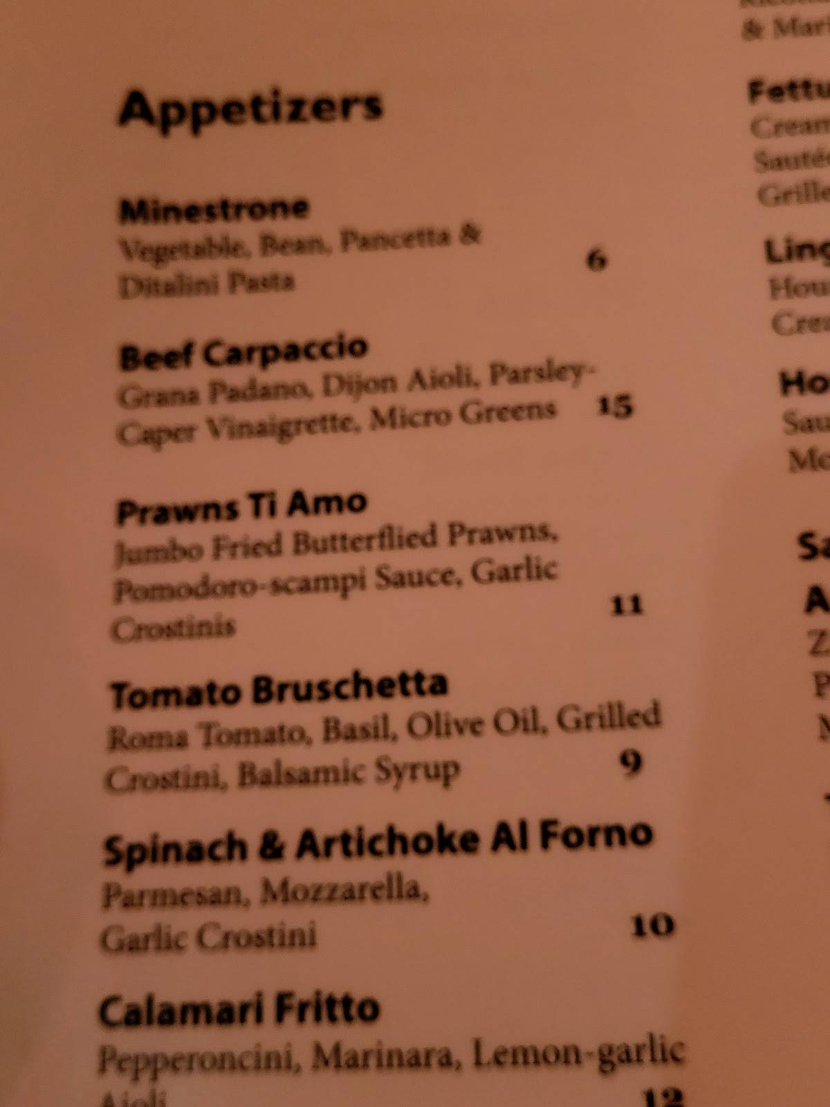 Menu at Ti Amo Italian Grille restaurant, Carson City