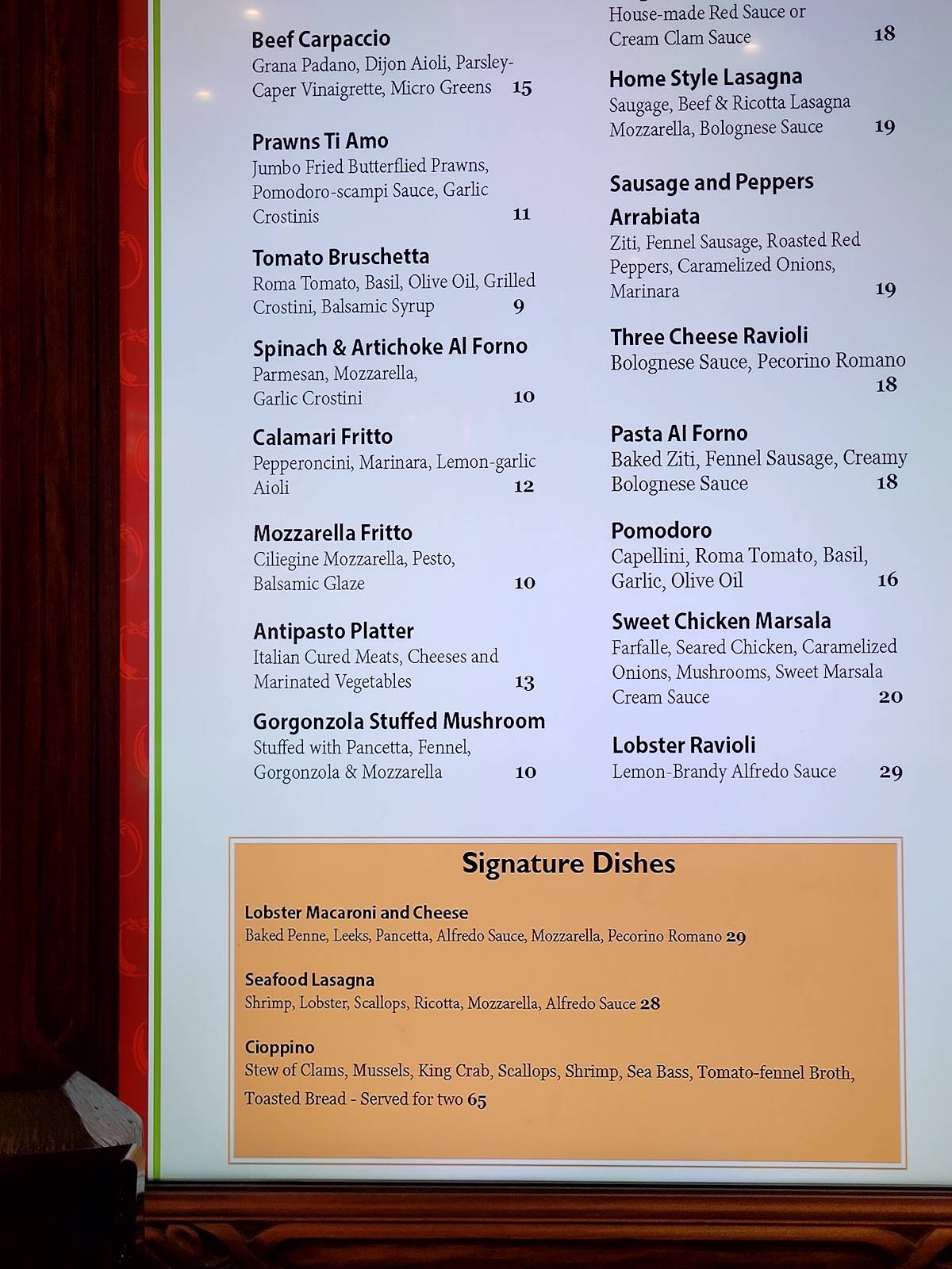 Menu at Ti Amo Italian Grille restaurant, Carson City