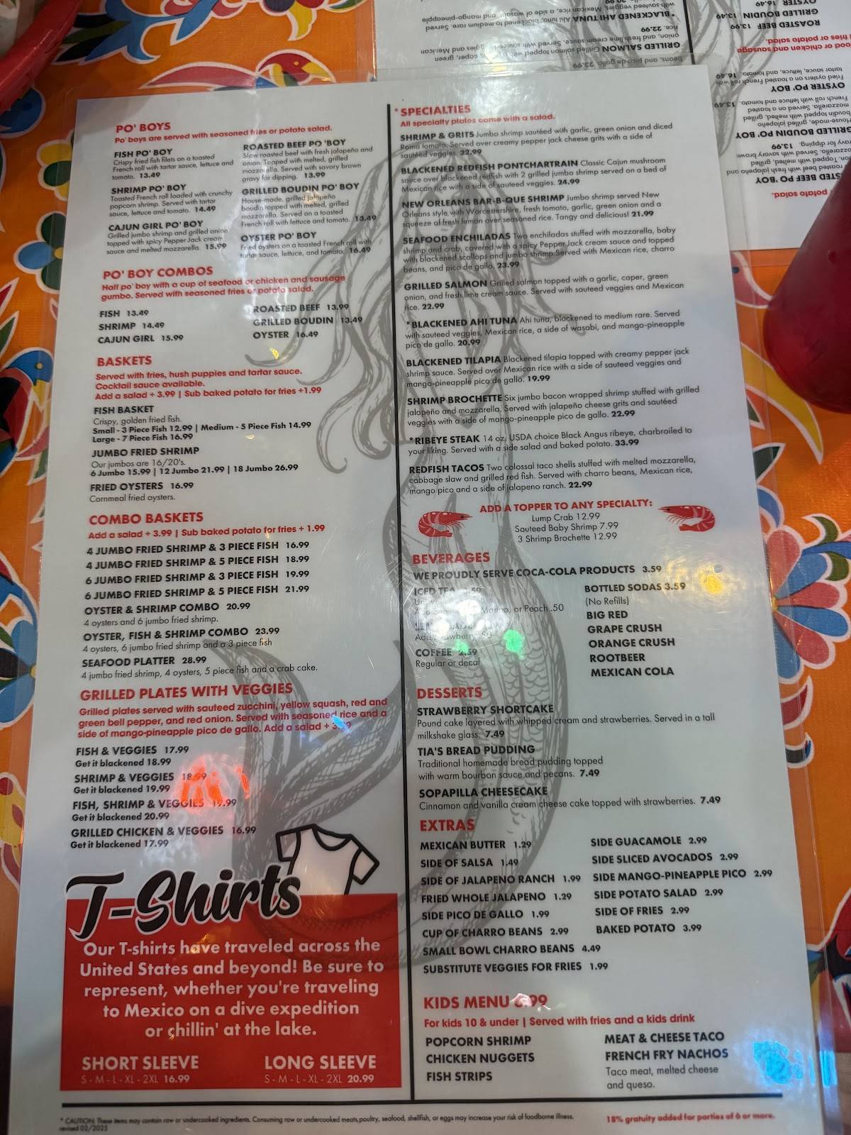 Menu at Tia Juanita's Fish Camp restaurant, Beaumont, Calder Ave