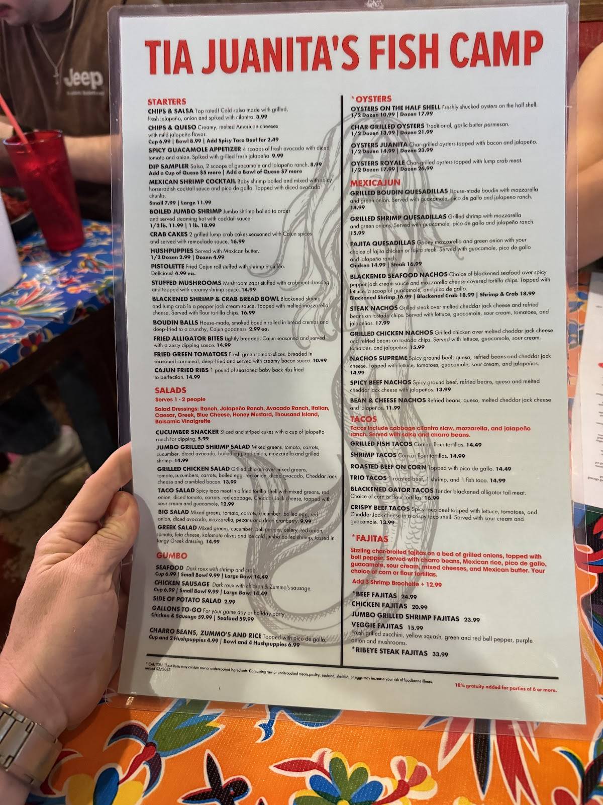Menu at Tia Juanita's Fish Camp restaurant, Beaumont, Calder Ave