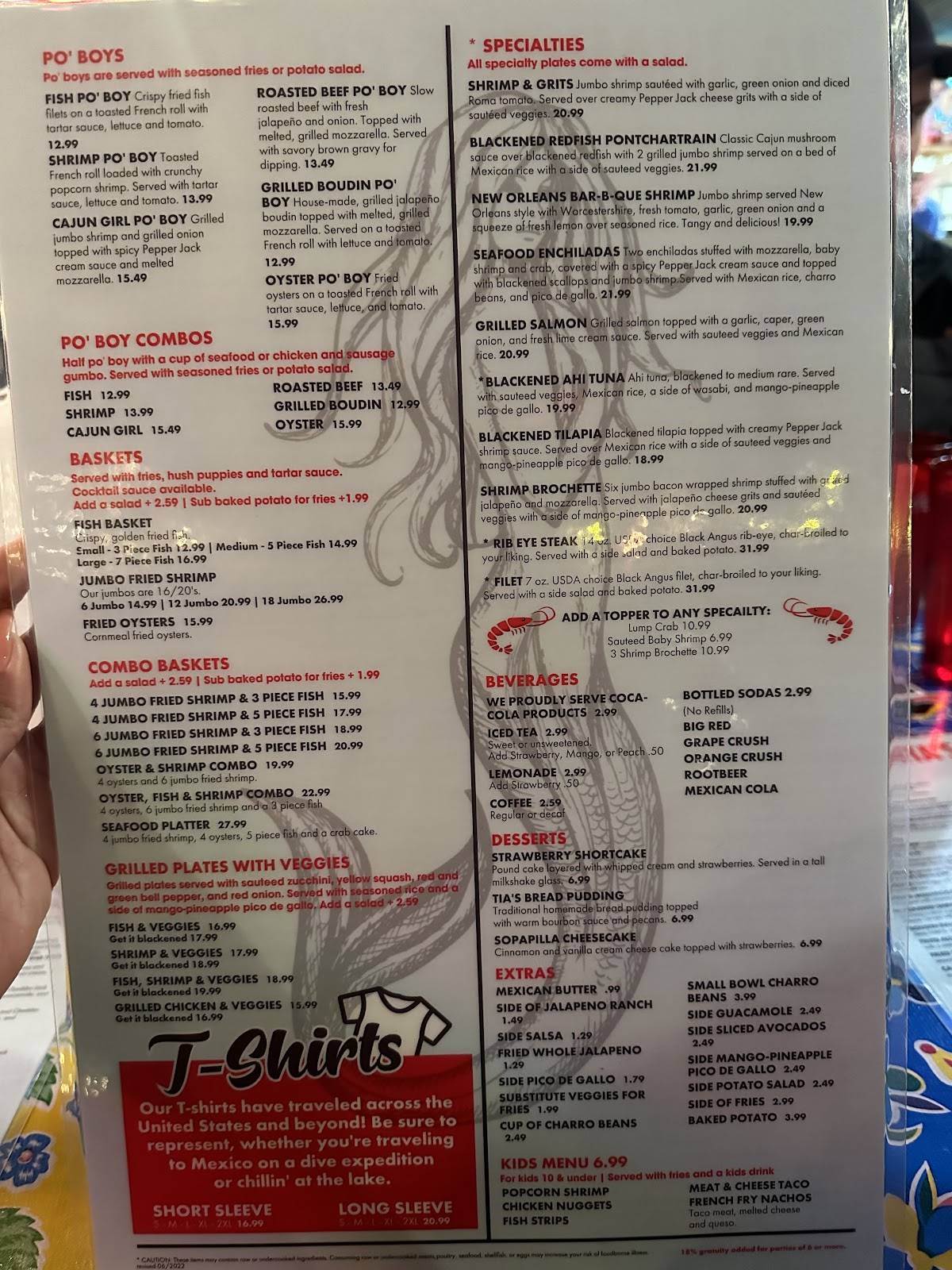 Menu at Tia Juanita's Fish Camp restaurant, Beaumont, Calder Ave