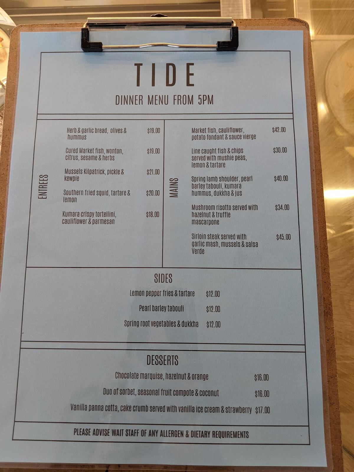 Menu at Tide restaurant, Whangarei