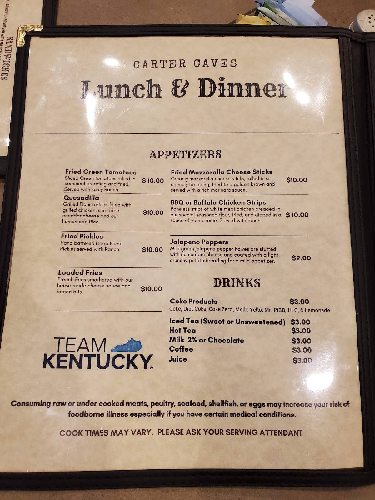 Menu at Tierney's Cavern restaurant, USA