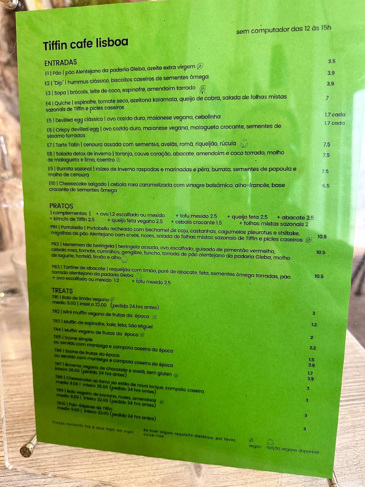 Menu at Tiffin Cafe Lisboa, Lisbon