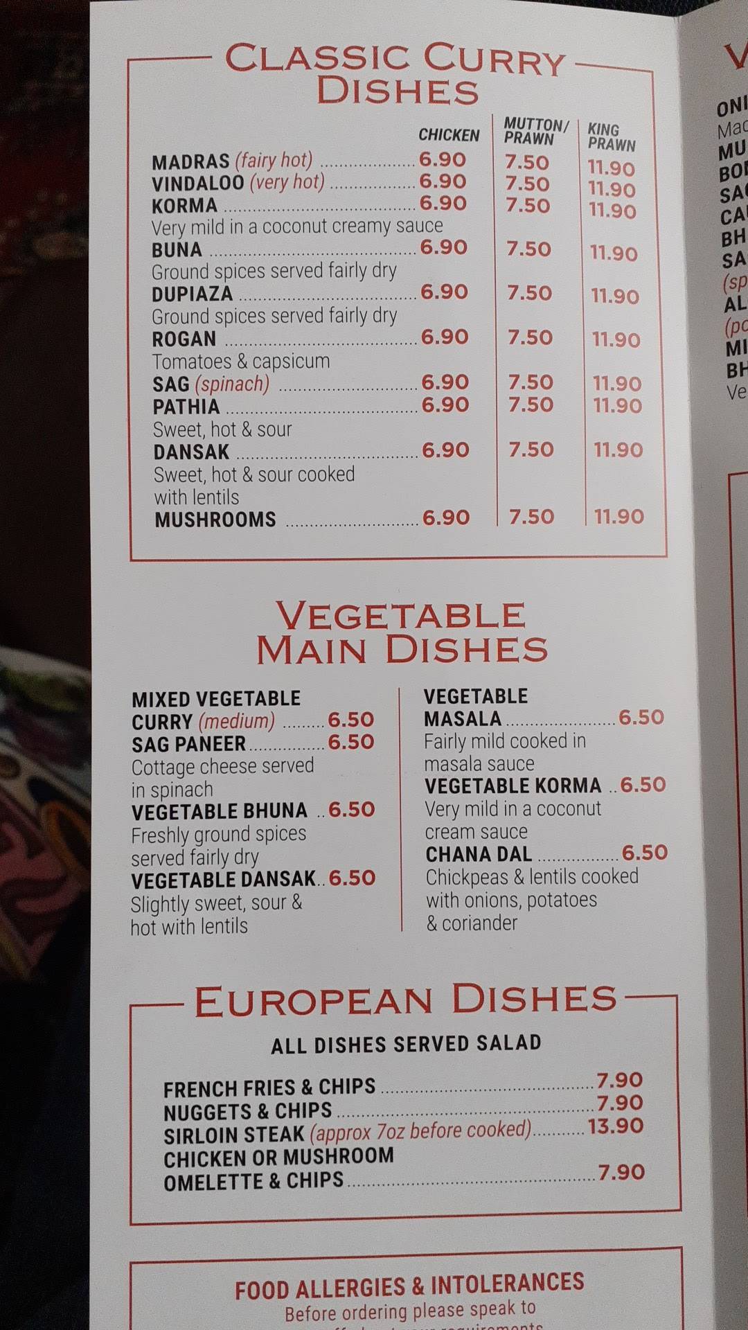 Menu at Tiffin restaurant, Ystalyfera