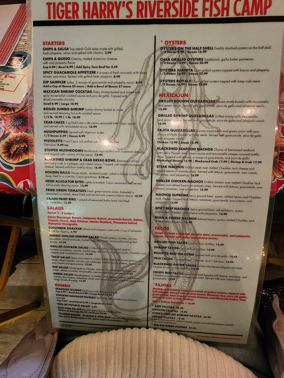 Menu at Tia Juanita's Riverside Fish Camp pub & bar, Liberty, 439 US-90