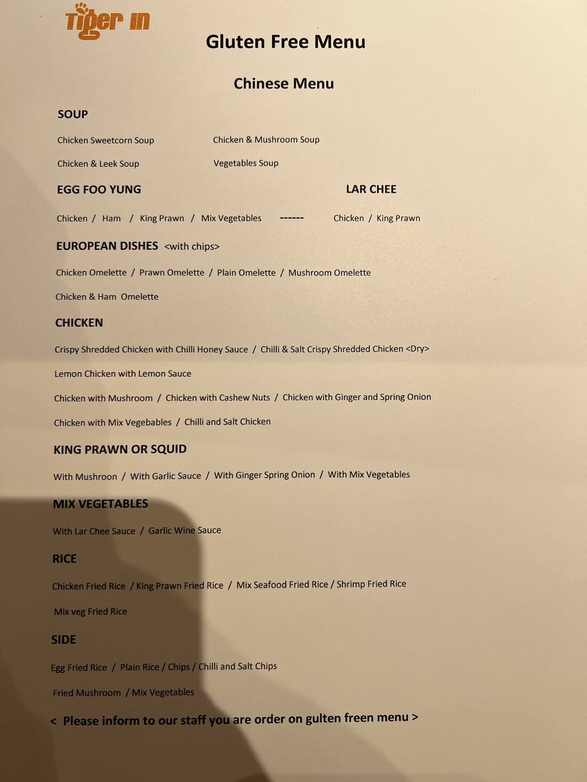Menu at Tiger In Chinese & Thai Takeaway restaurant, Prestonpans