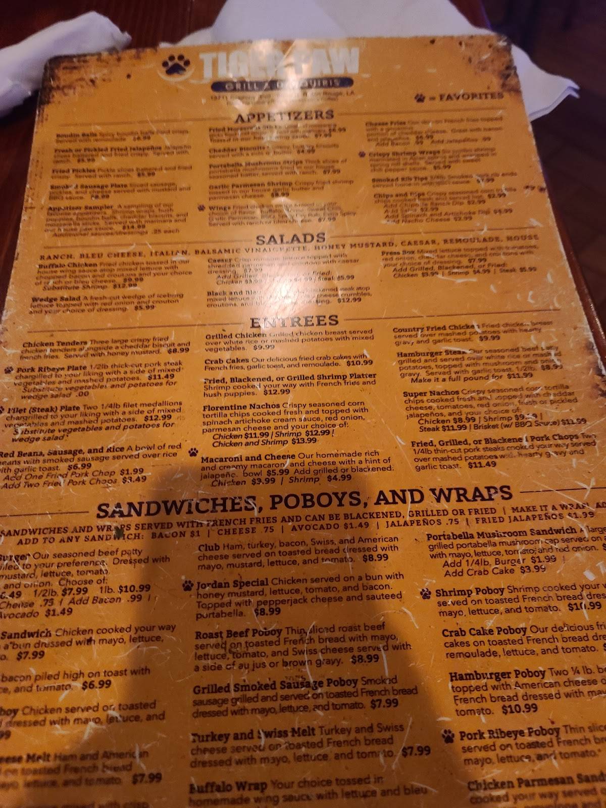 Menu at Tiger Paw Grill and Daiquiris pub & bar, Baton Rouge, Coursey Blvd