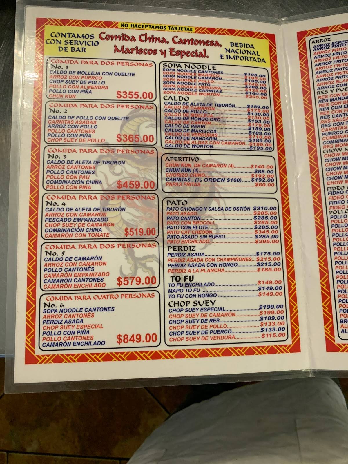Carta de Restaurant Cat Cheoon, Tijuana, Blvd. Insurgentes 11
