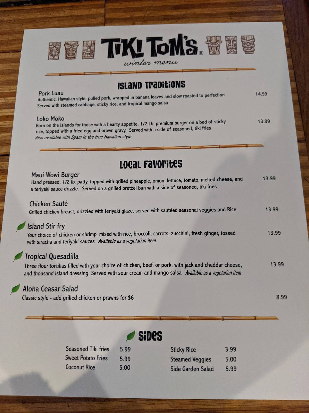 Menu at Tiki Tom's pub & bar, Walnut Creek