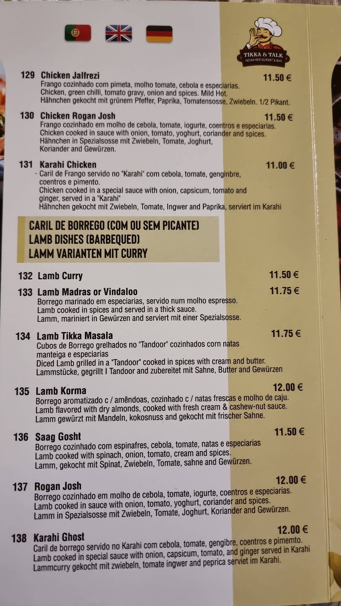 Menu at Tikka & Talk Indian Restaurant Bar, Olhos de Água