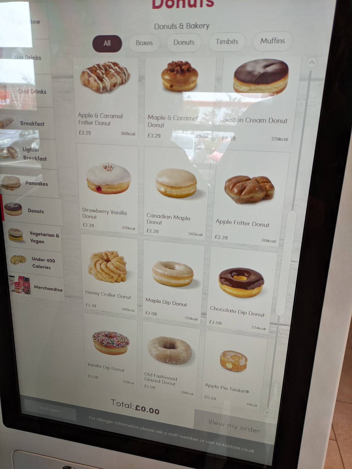 Menu at Tim Hortons restaurant, Plymouth