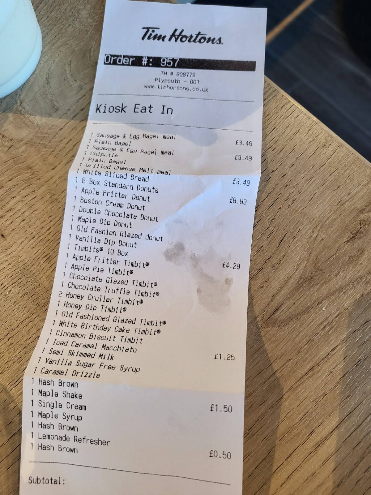 Menu at Tim Hortons restaurant, Plymouth
