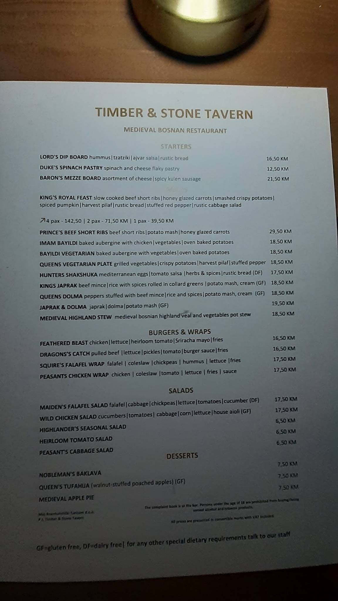 Menu at Timber & Stone Tavern Mostar restaurant, Mostar