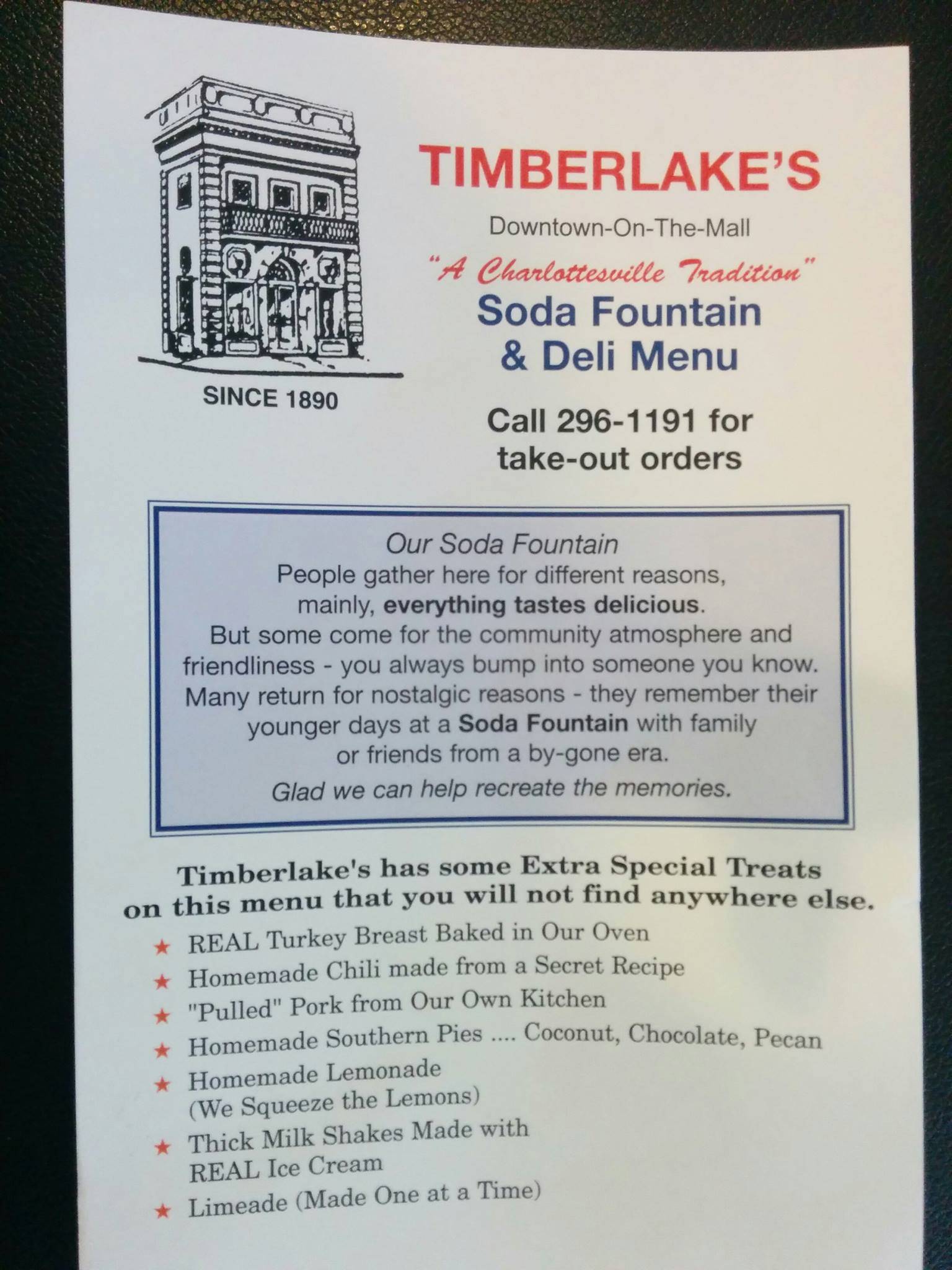 Menu at Timberlakes Drug Store cafe, Charlottesville