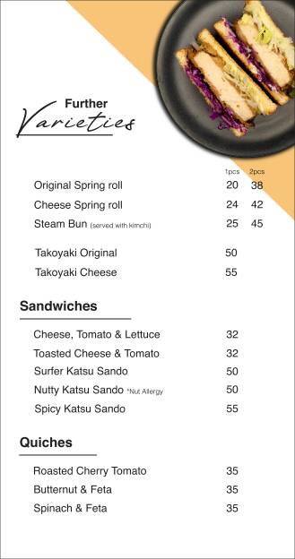 Menu au Time Out Coffee, Bloemfontein