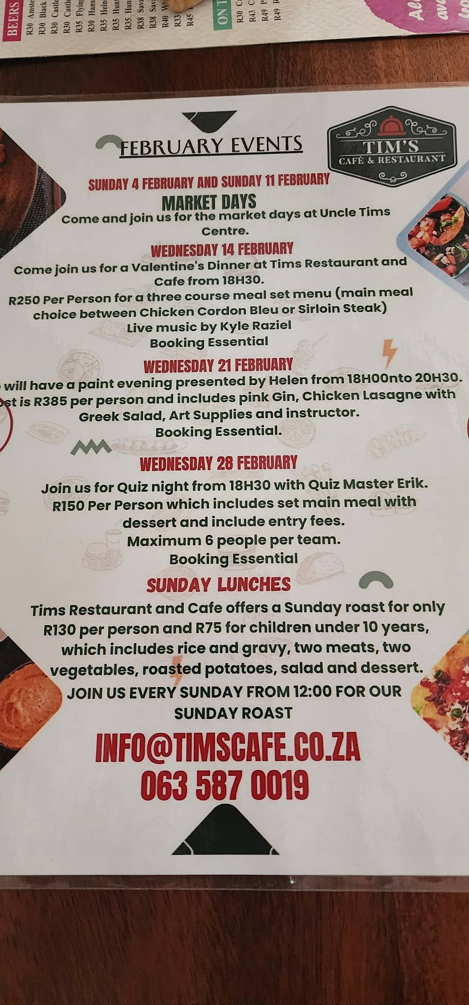 Menu at Tim’s Cafe, Benoni
