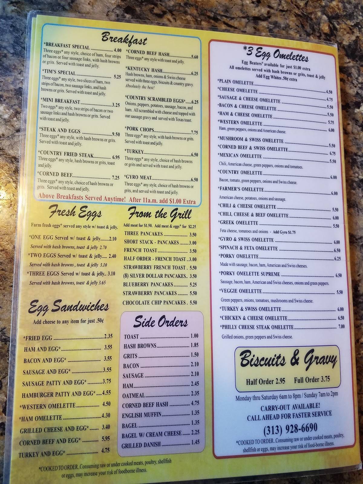 Menu at Tim's Coney Island Restaurant, Allen Park