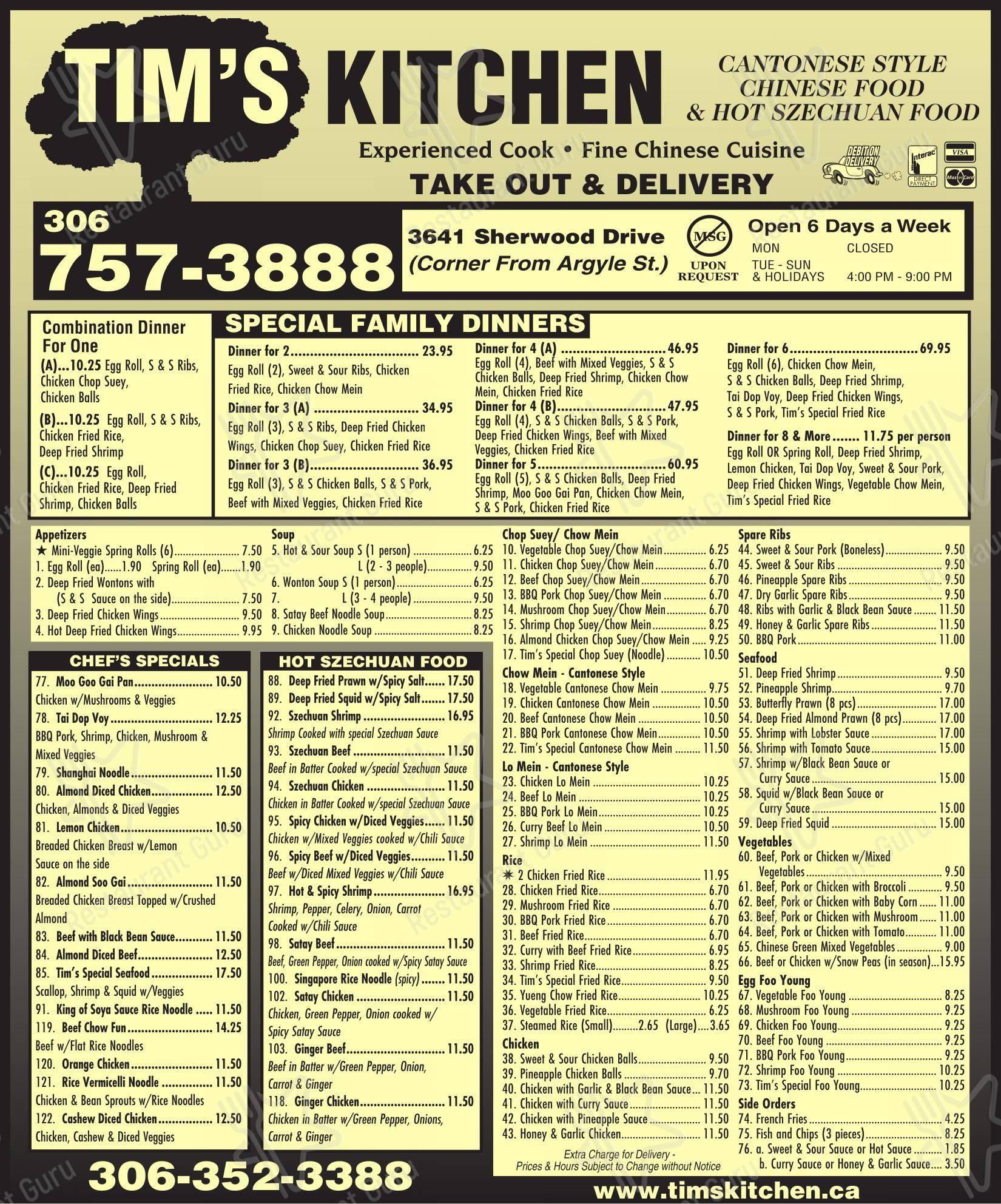 Menu at Tim's Kitchen restaurant, Regina