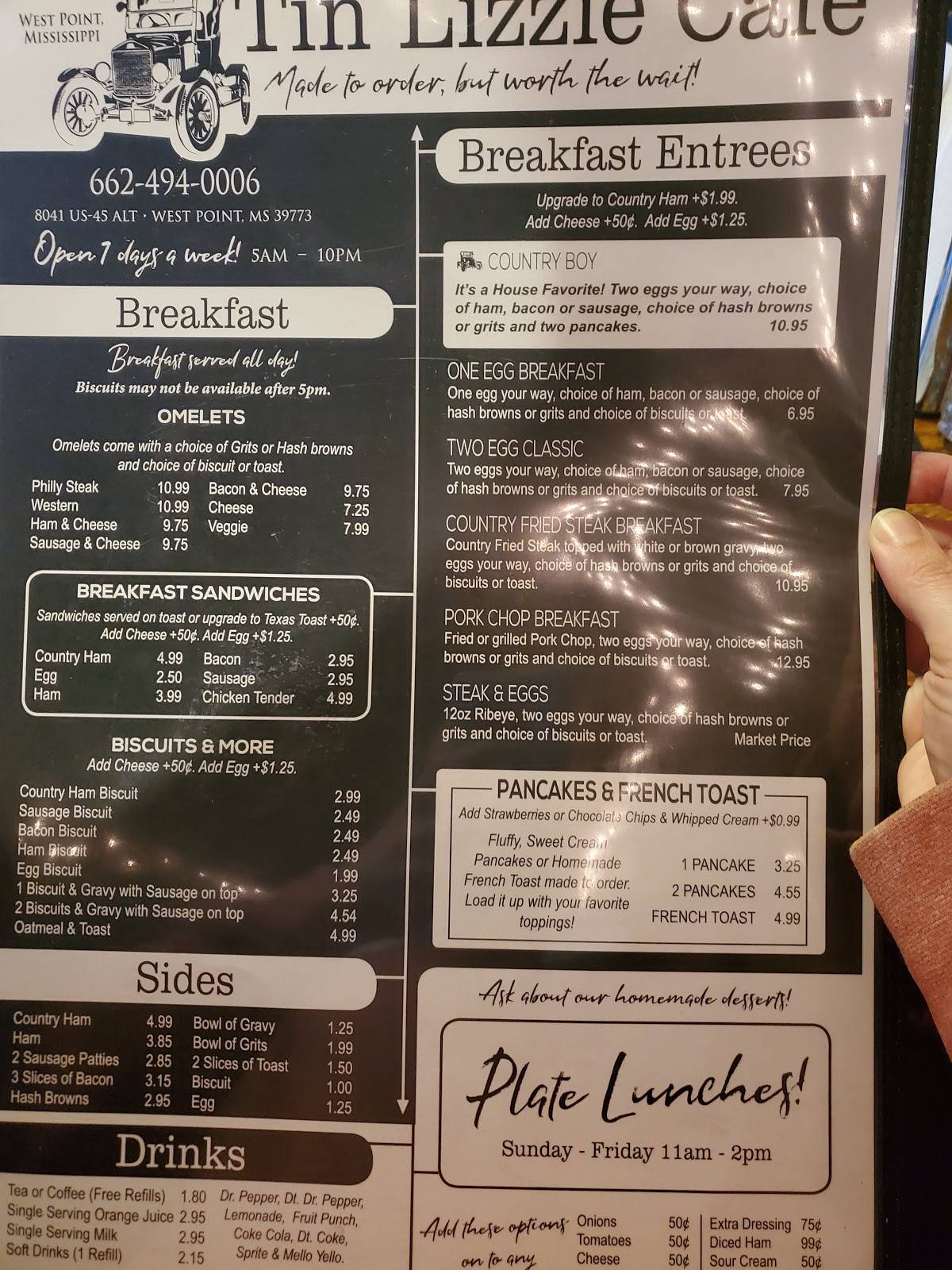 Menu at Tin Lizzie Cafe, West Point, US-45 ALT