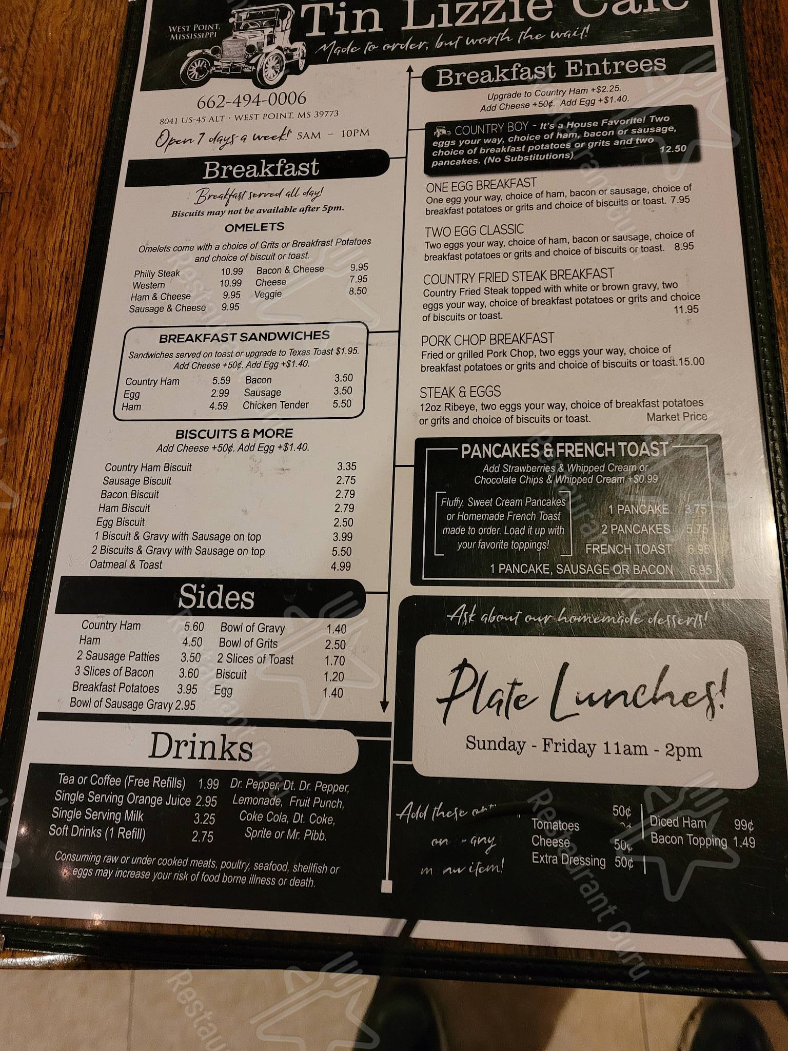 Menu at Tin Lizzie Cafe, West Point, US-45 ALT