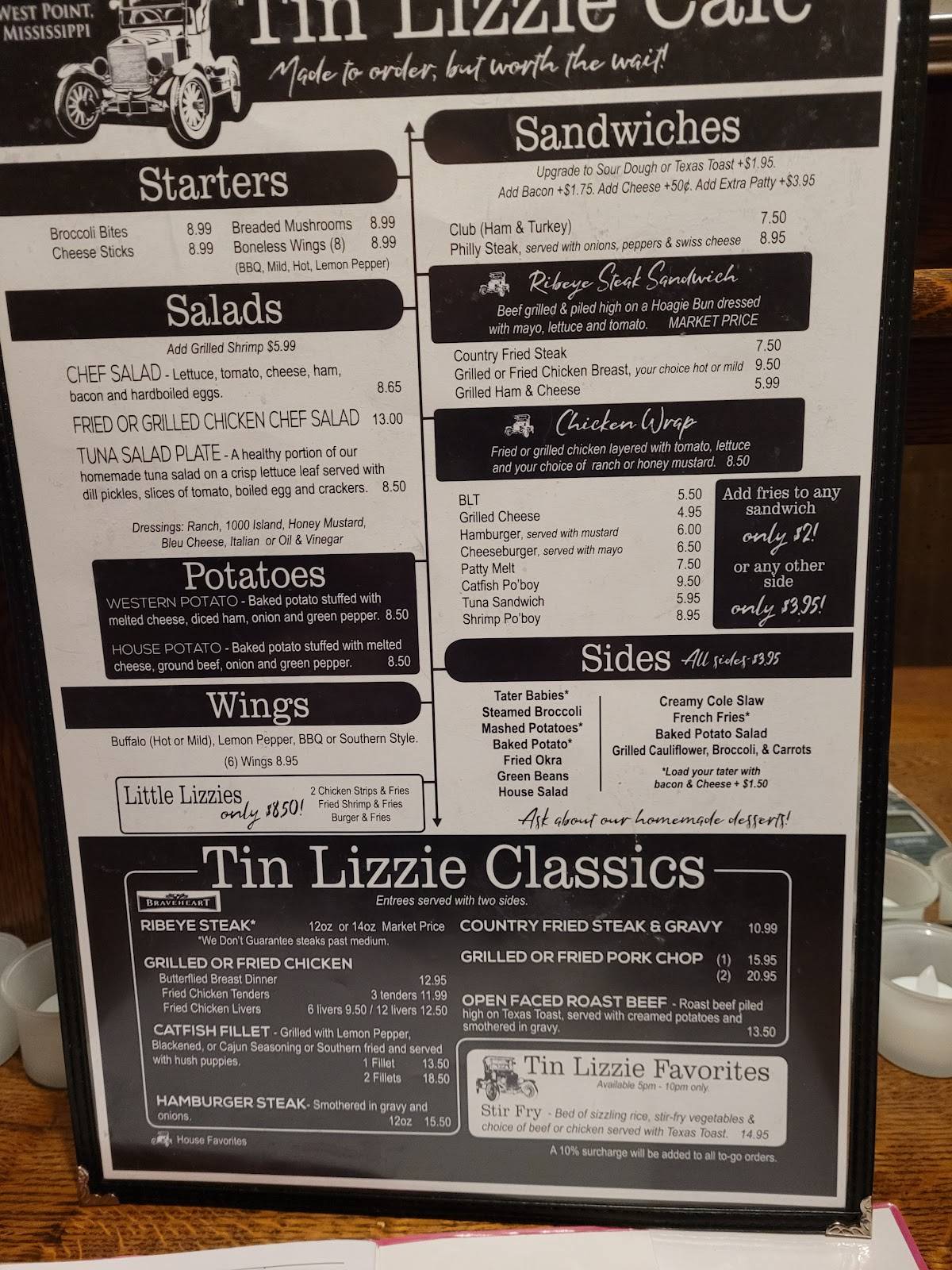 Menu at Tin Lizzie Cafe, West Point, US-45 ALT
