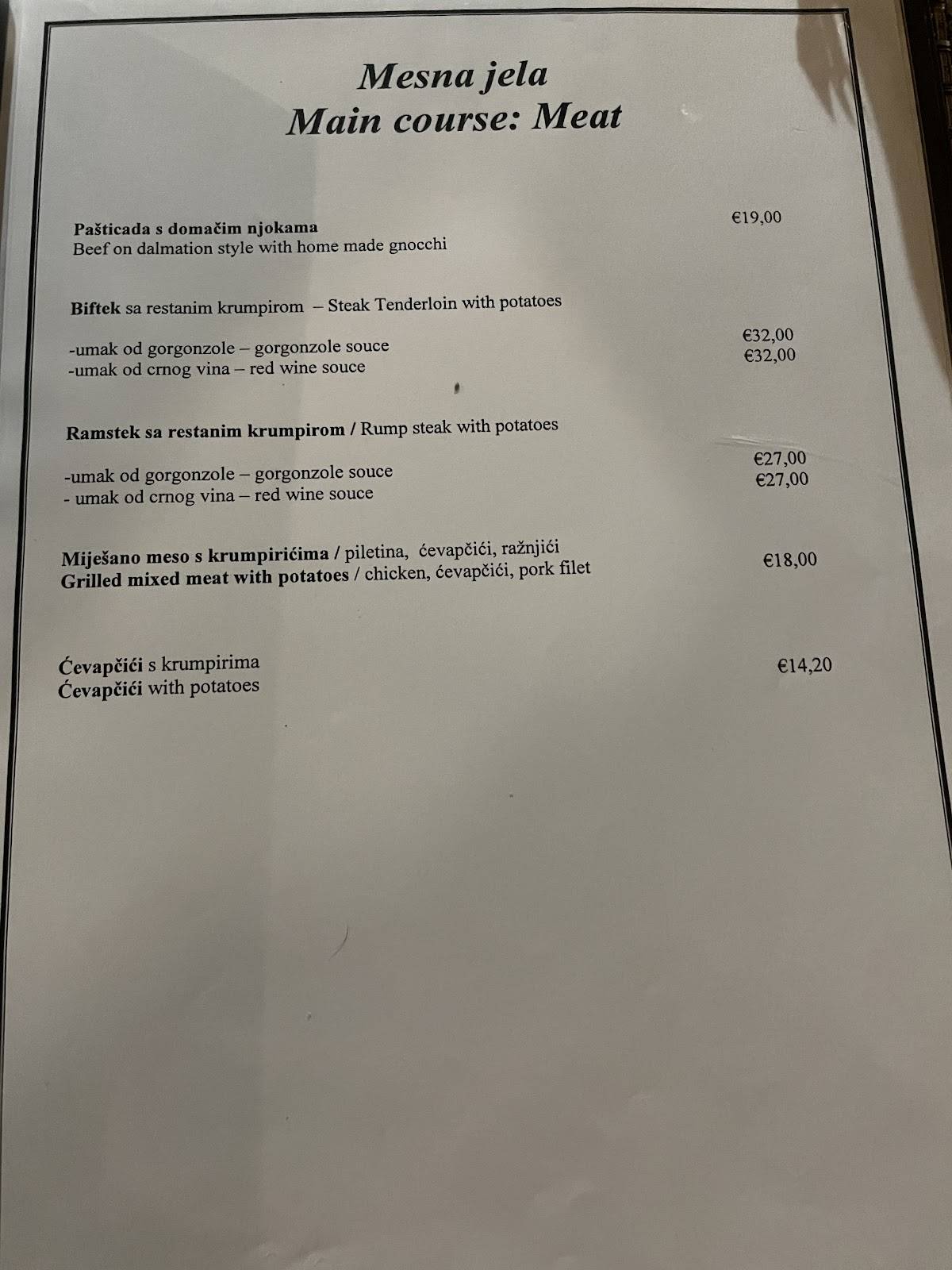 Menu at Tinel restaurant, Šibenik