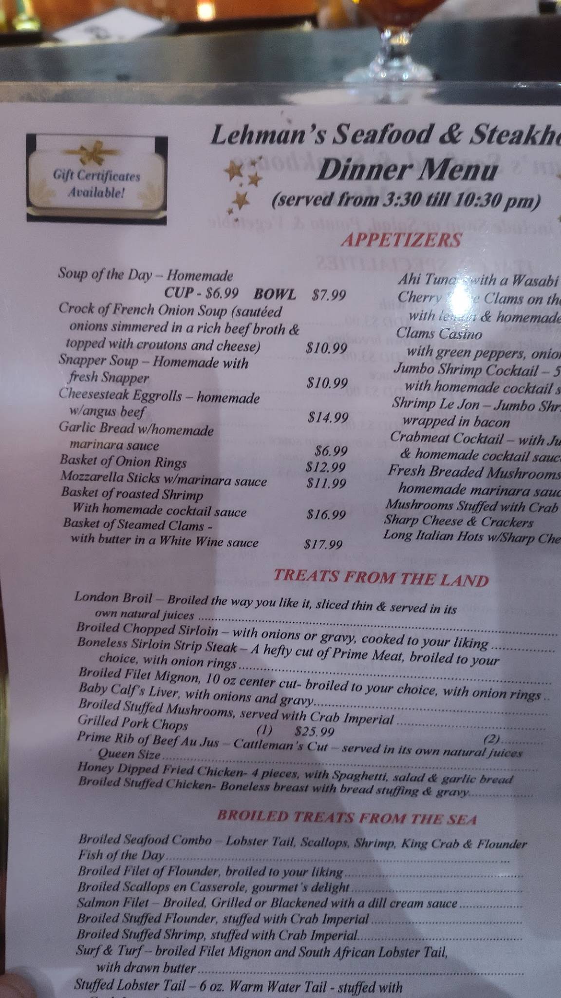 Menu at Lehman's Restaurant, Tinicum Township
