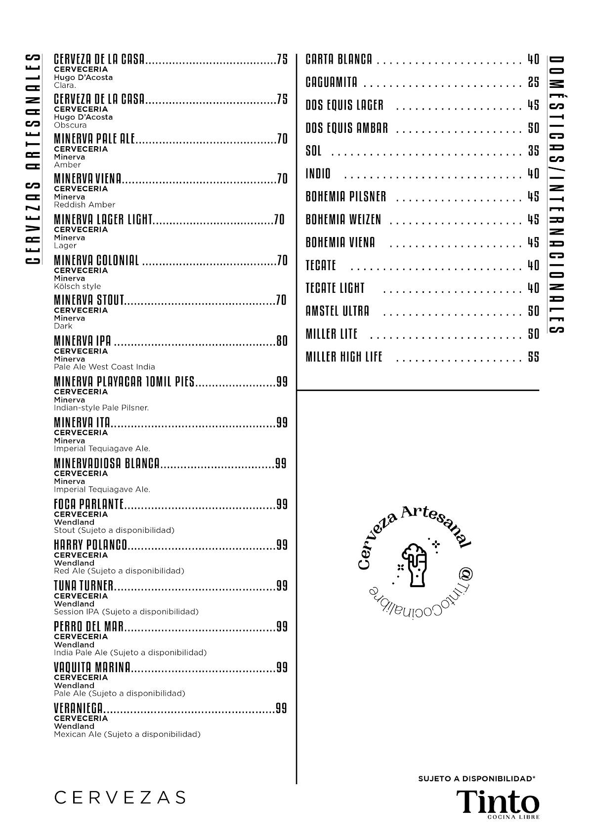 Carta del restaurante Tinto Cocina Libre, Ciudad Juarez