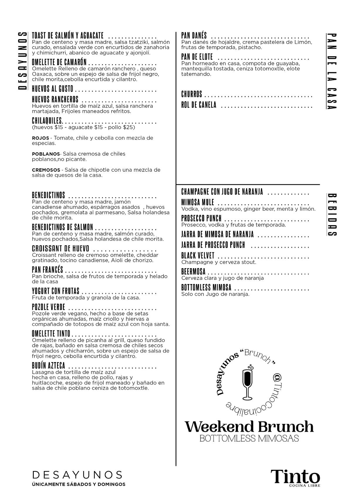 Menu at Tinto Cocina Libre restaurant, Ciudad Juarez